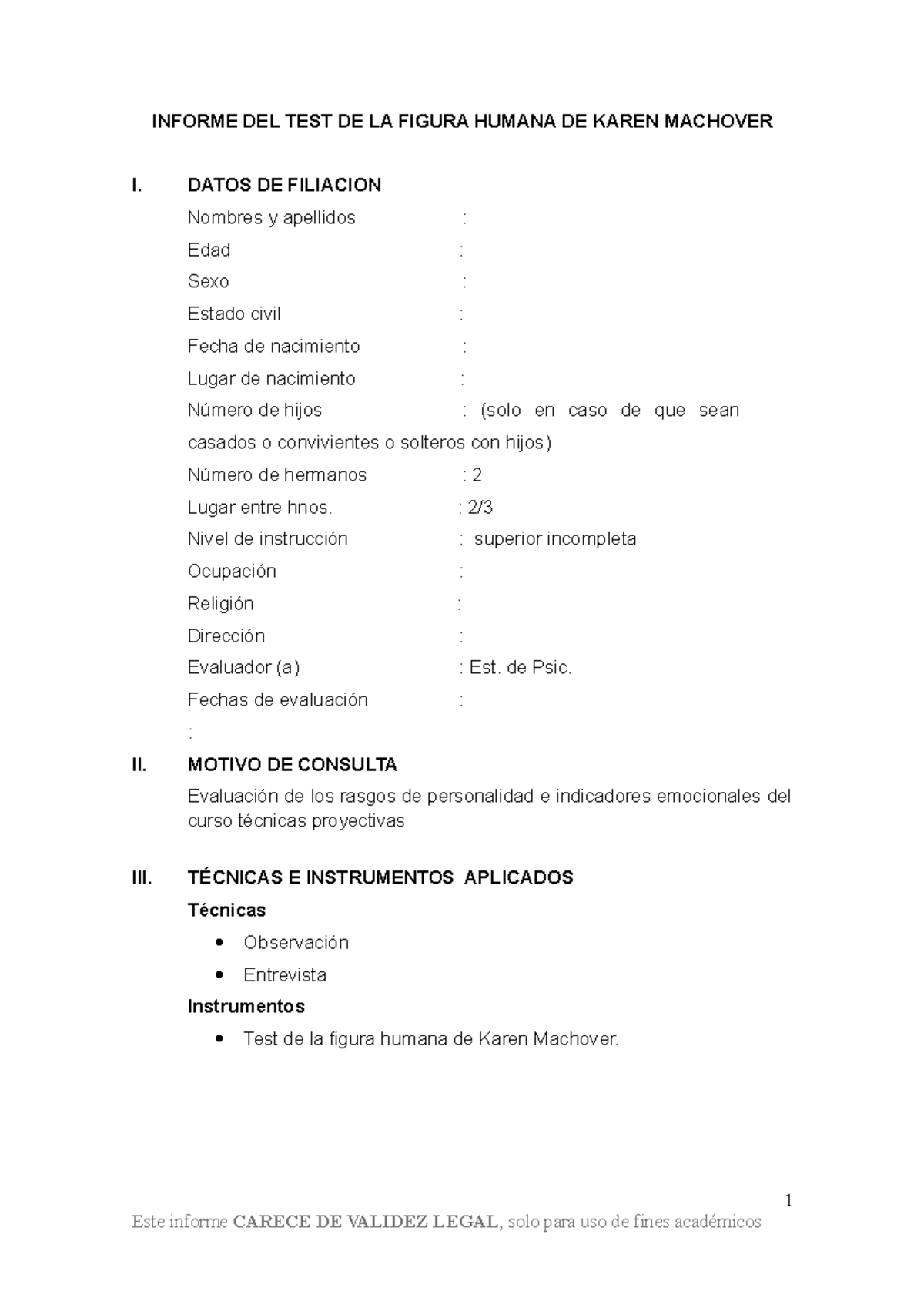 Modelo Informe DFH 2022 2 - INFORME DEL TEST DE LA FIGURA HUMANA DE ...
