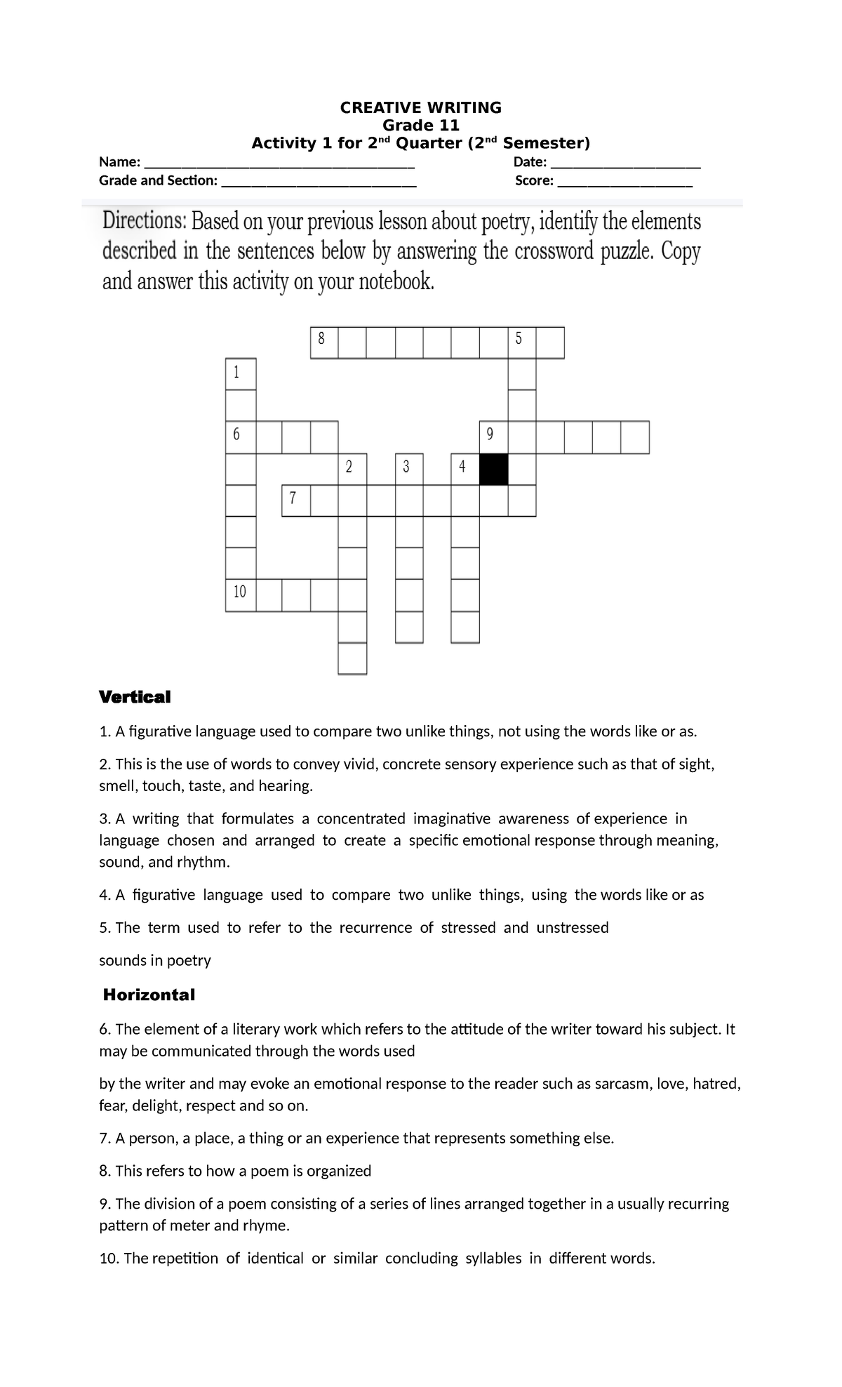 CREATIVE WRITING G11 Activity 1: Figurative Language & Poetry - Studocu
