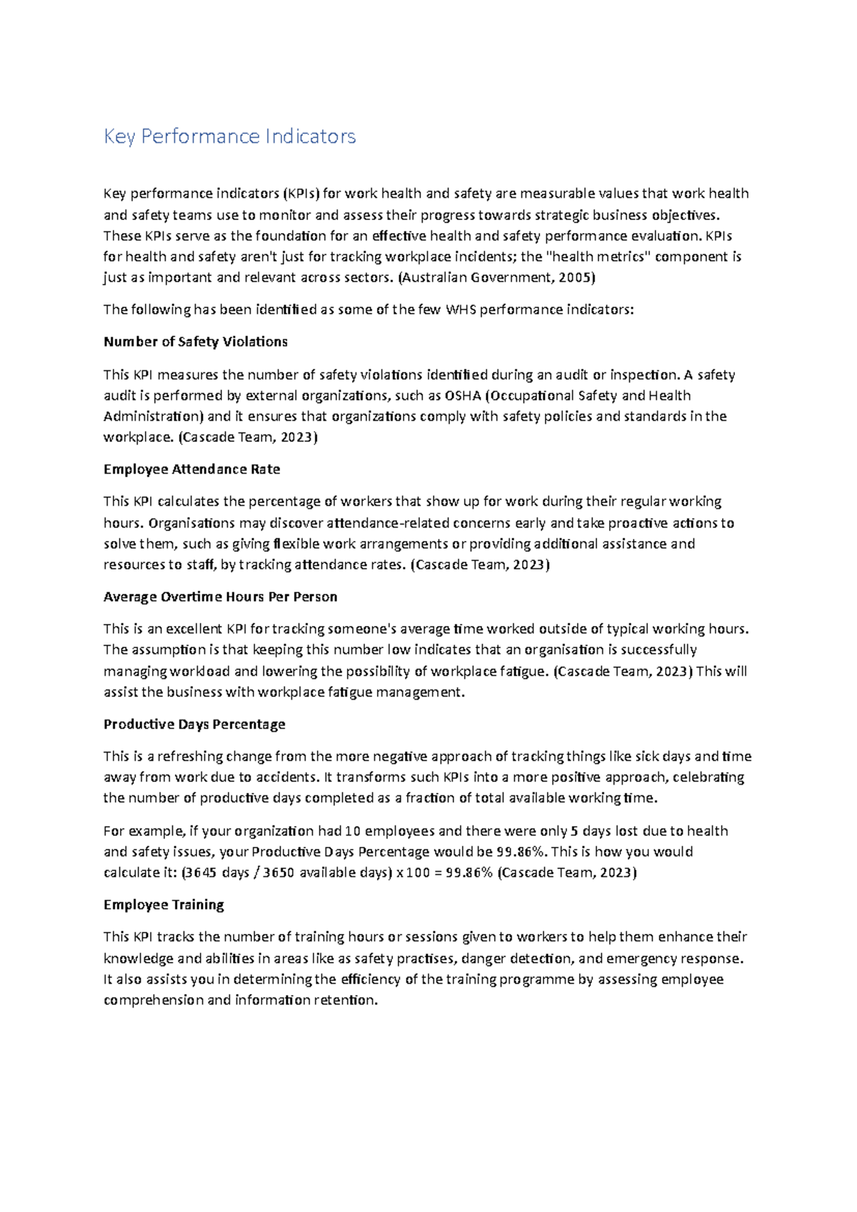 Key Performance Indicators for Work Health & Safety - BSBWHS 521 - Studocu