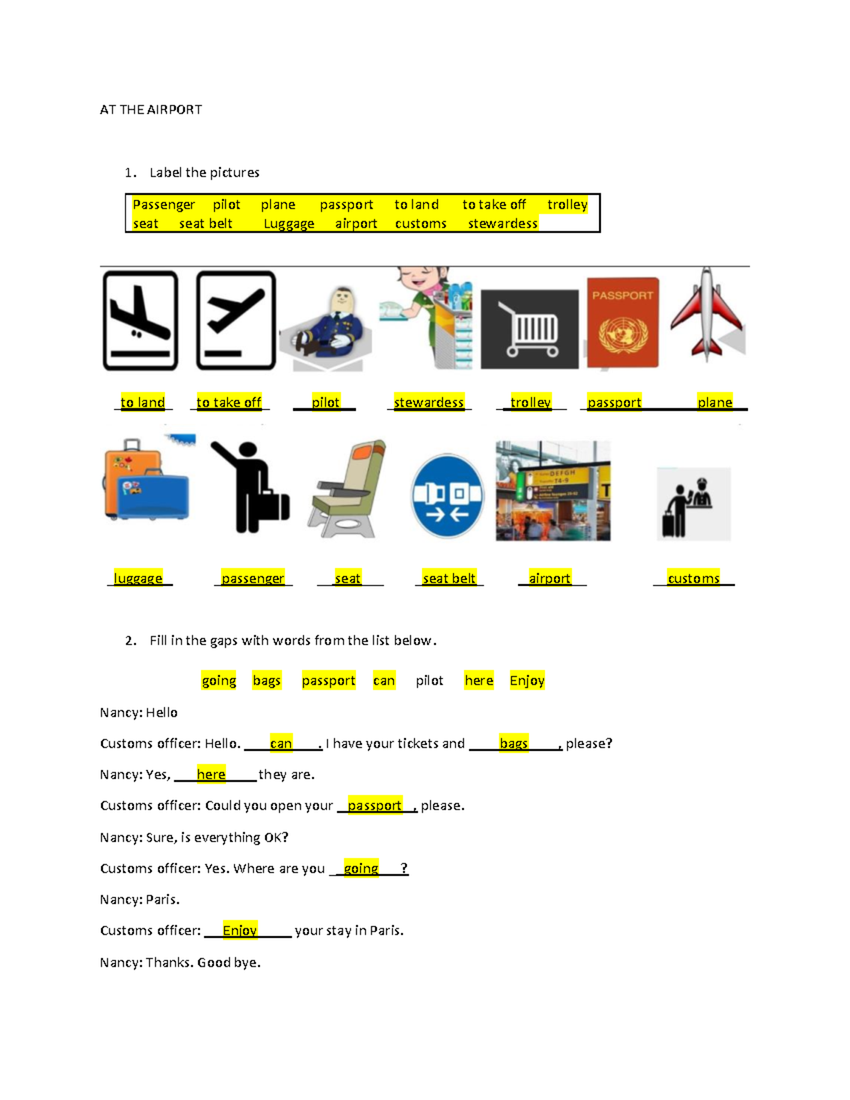 AT THE AIRPORT Worksheet 5: Vocabulary & Dialogue Practice - Studocu
