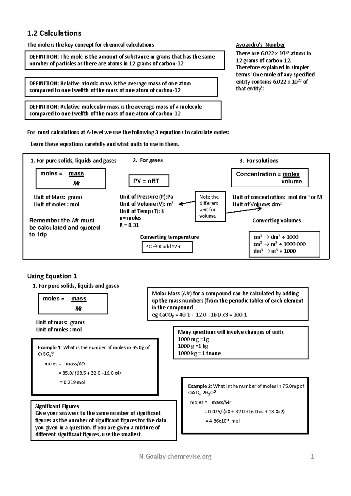 1.2 Calculations: Understanding Moles and Chemical Equations in ...