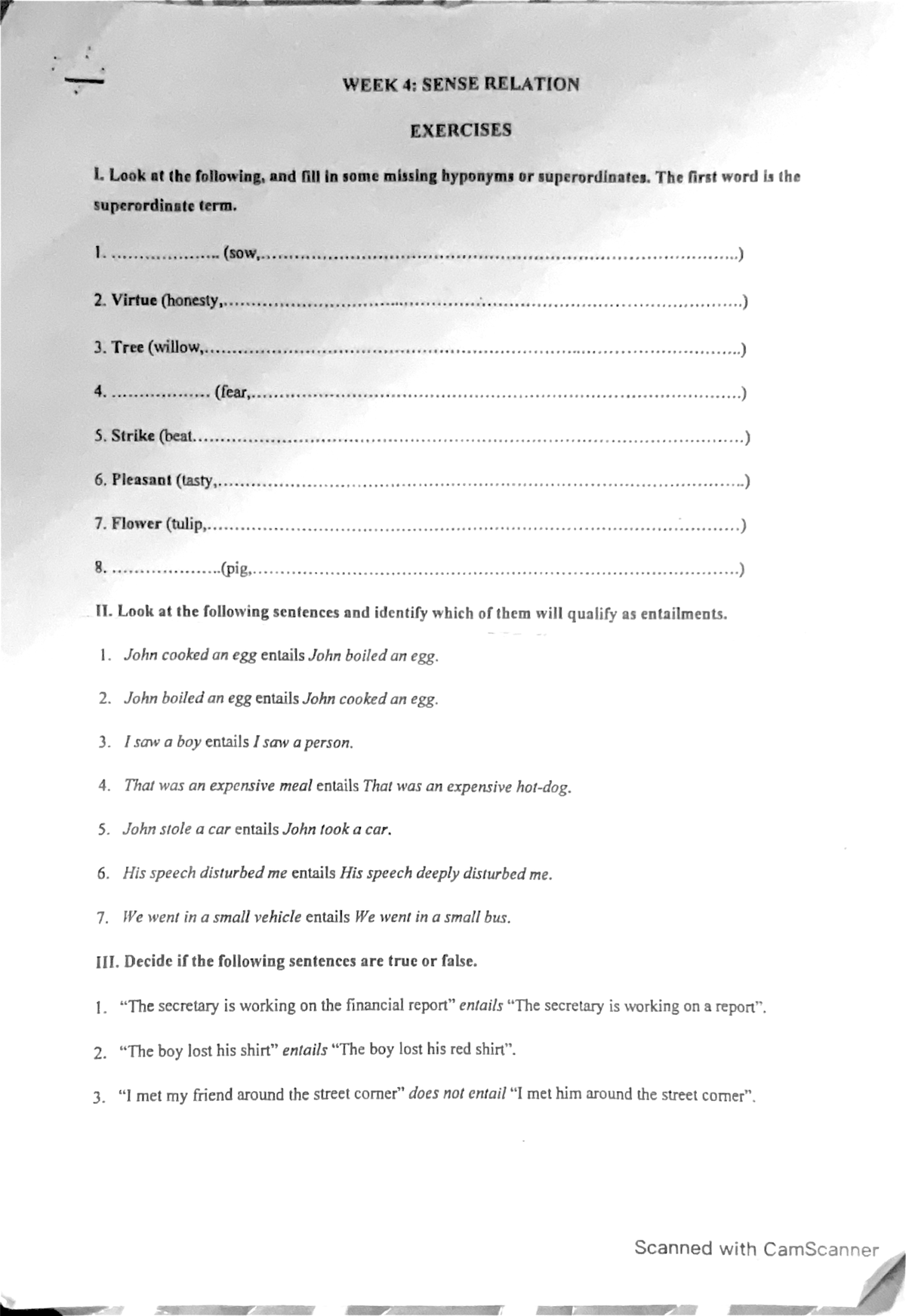 WEEK 4 Sense Relation - Good luck - WEEK 4: SENSE RELATION EXERCISES I ...
