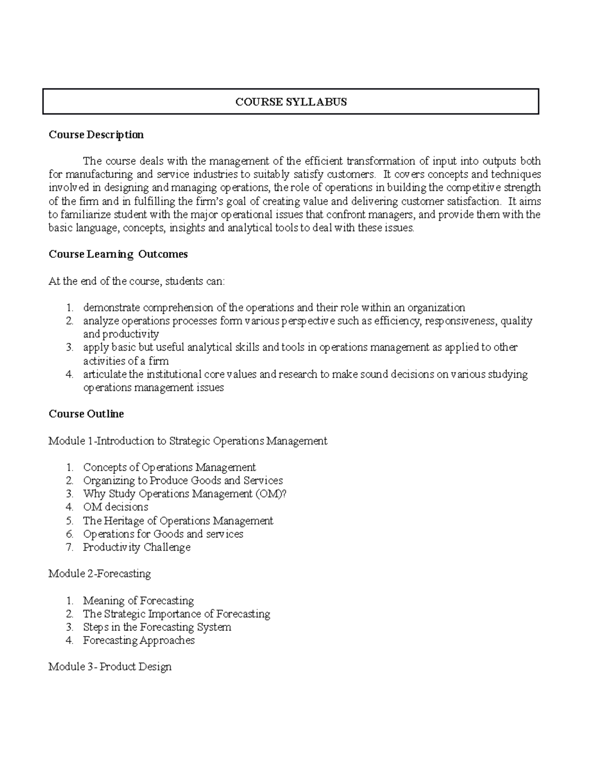 Strategic Operations Management Syllabus for MGT 101: Course Overview ...