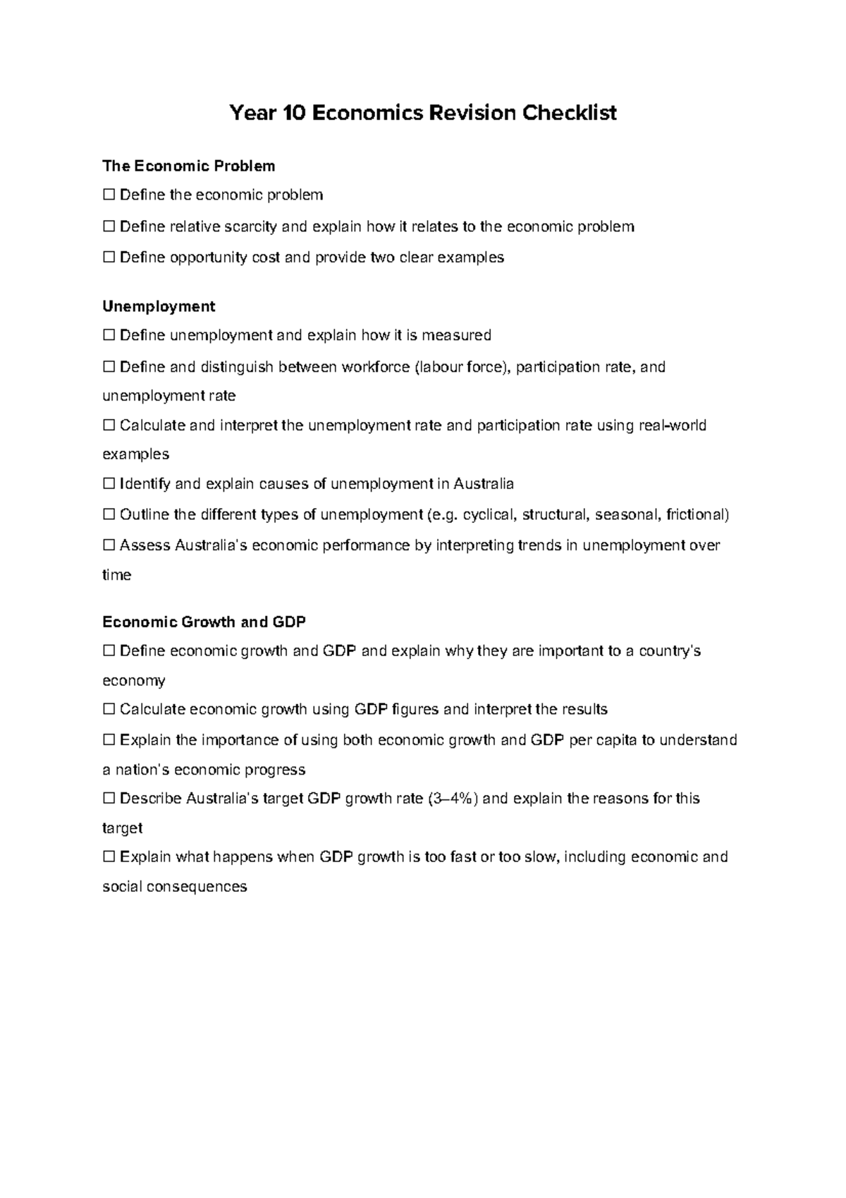 Year 10 Economics Revision Checklist: The Economic Problem & Growth ...