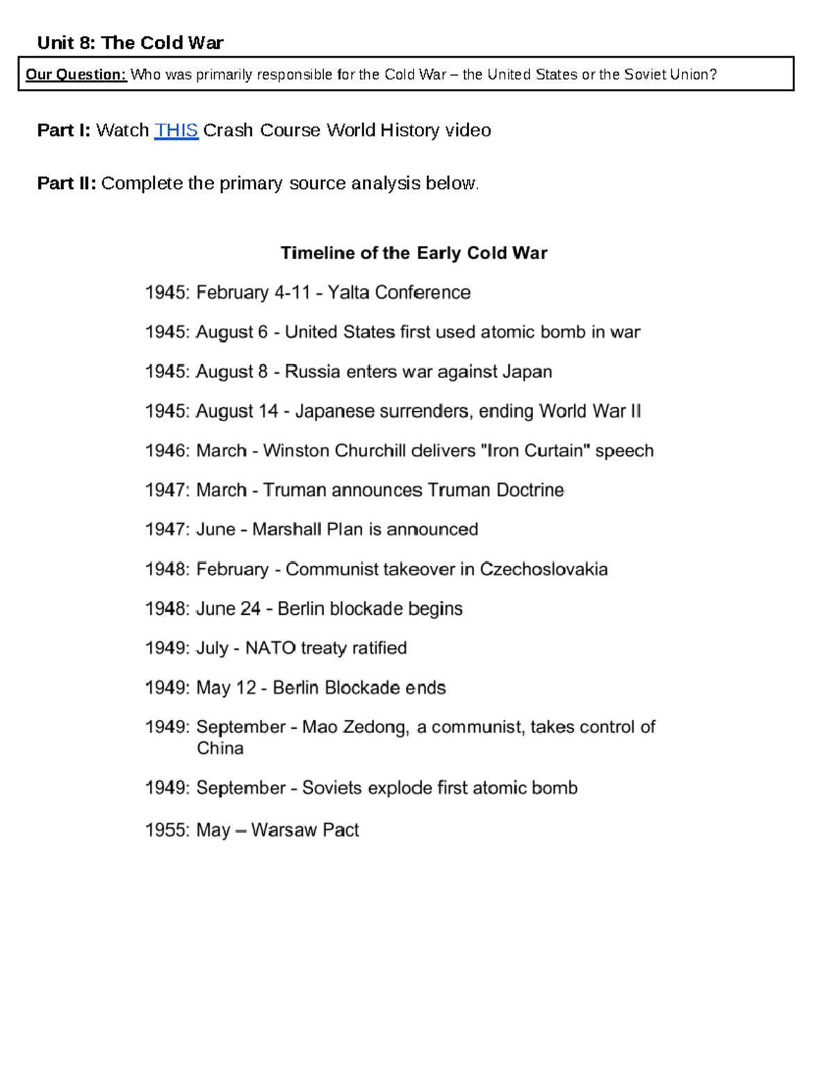 Unit 8: Analyzing Cold War Responsibility - The US vs Soviet Union ...