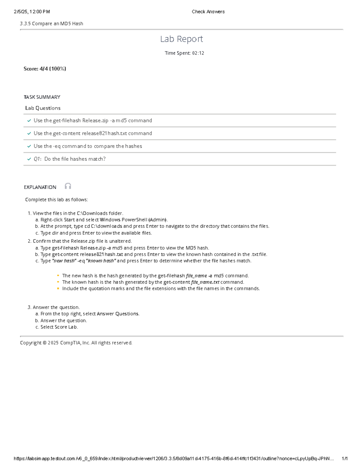 Lab Report: MD5 Hash Comparison for CompTIA 12:00 PM Task - Studocu