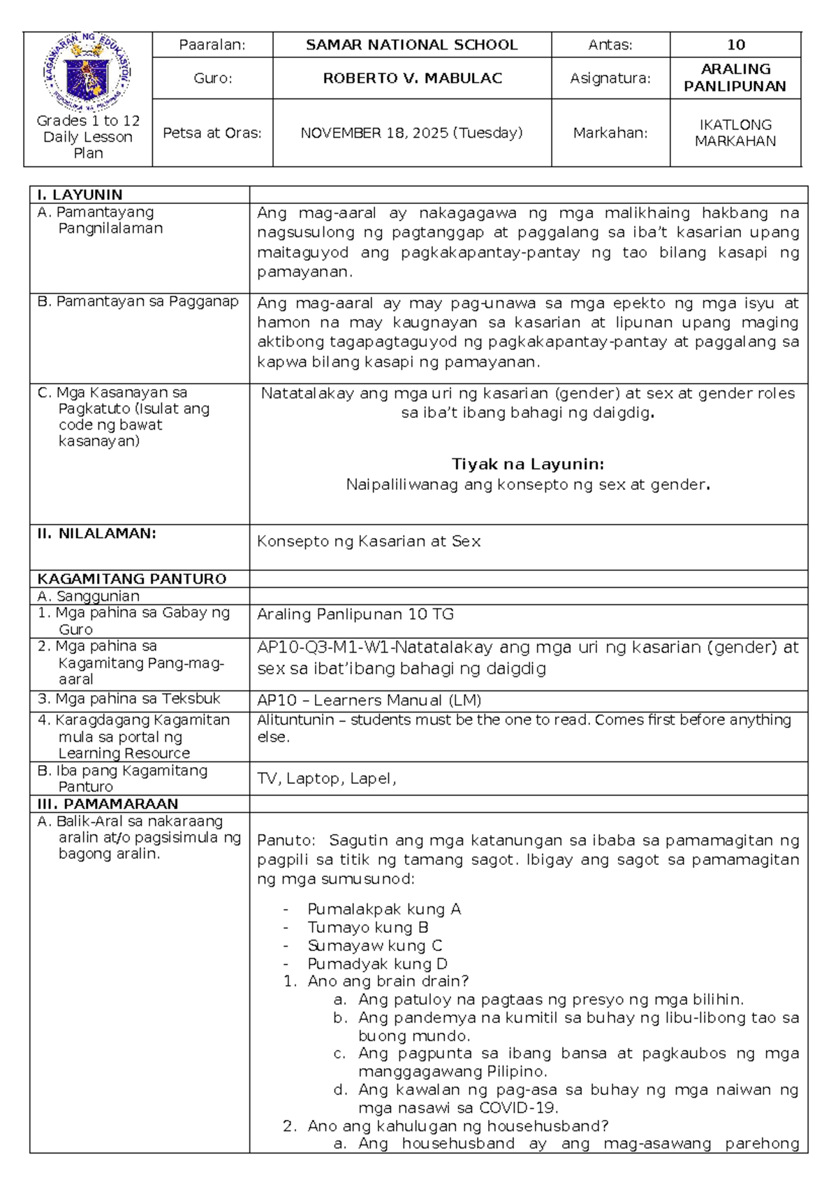 AP10 Daily Lesson Plan on Sex and Gender Concepts - Studocu