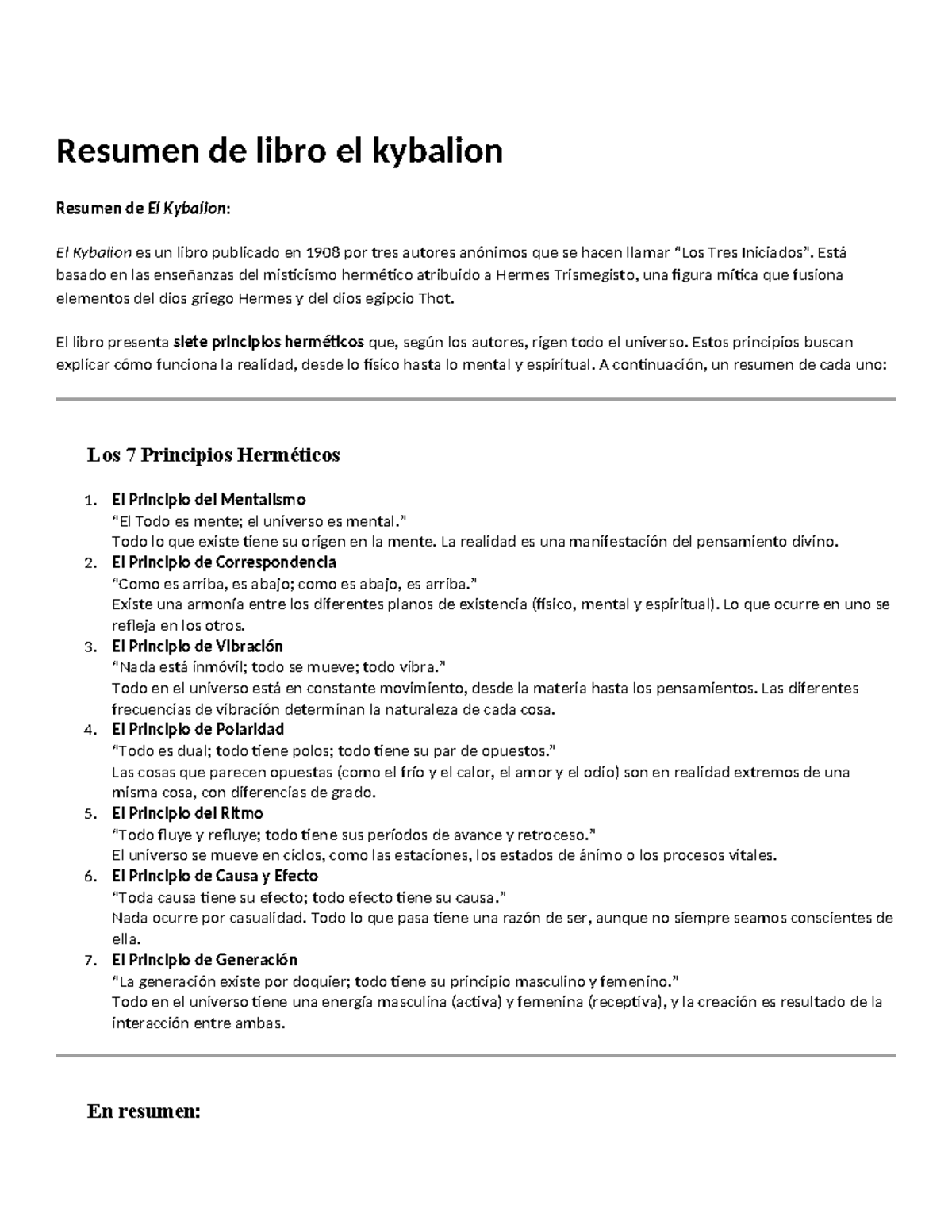 Resumen del Libro "El Kybalion": Principios Herméticos y su Aplicación ...