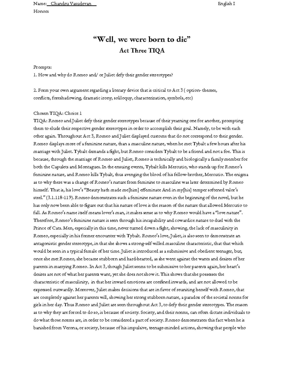 "ENG I: Act 3 TIQA - Defying Gender Stereotypes in Romeo and Juliet ...