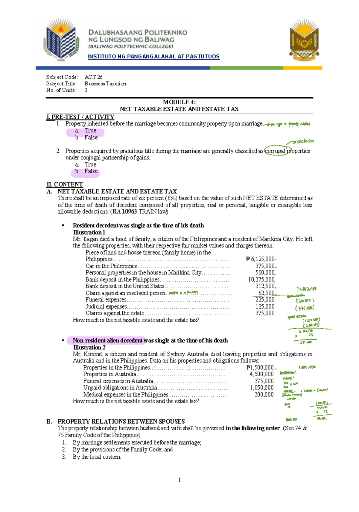 ACT 26 Business Taxation: Module 4 - Net Taxable Estate & Estate Tax ...