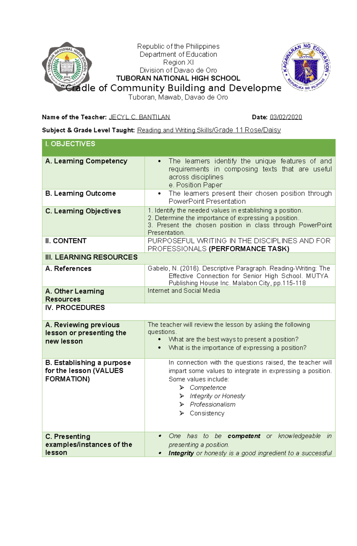 Lesson PLAN- Position Paper - Republic of the Philippines Department of ...