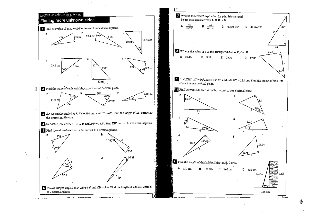 Mathematics Exercise 7: Triangle Calculations and Unknowns - Studocu