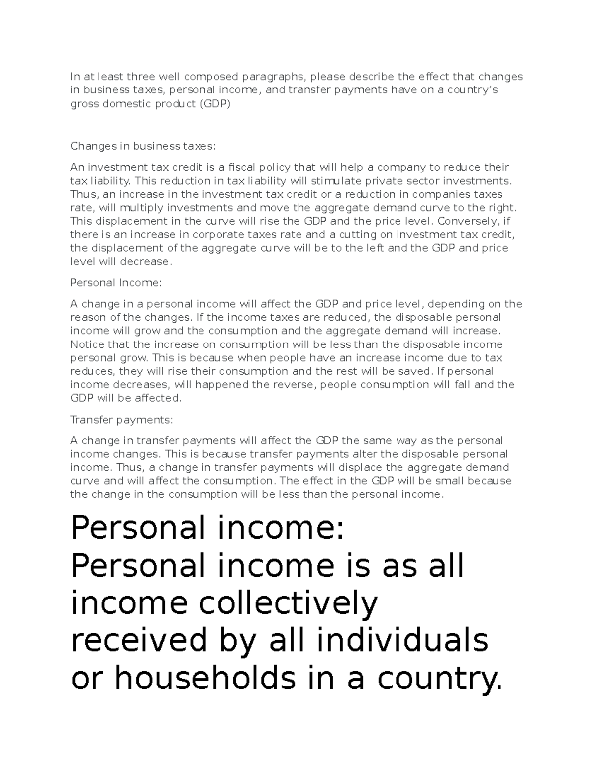 Impact of Business Taxes, Income & Transfers on GDP - Week 8 Journal ...