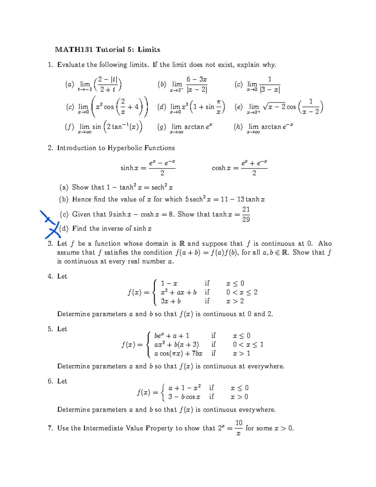 MATH131 Tutorial 5: Evaluating Limits and Hyperbolic Functions - Studocu