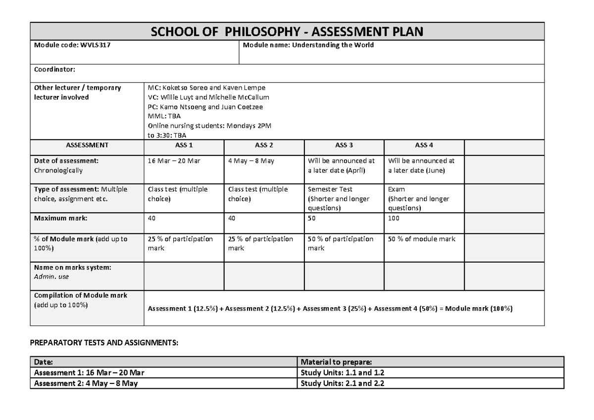Assessment Plan for WVLS317: Understanding the World 2026 - Studocu