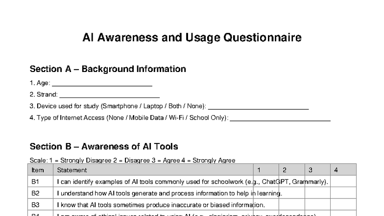 AI Awareness and Usage Questionnaire (Version 2) - Studocu