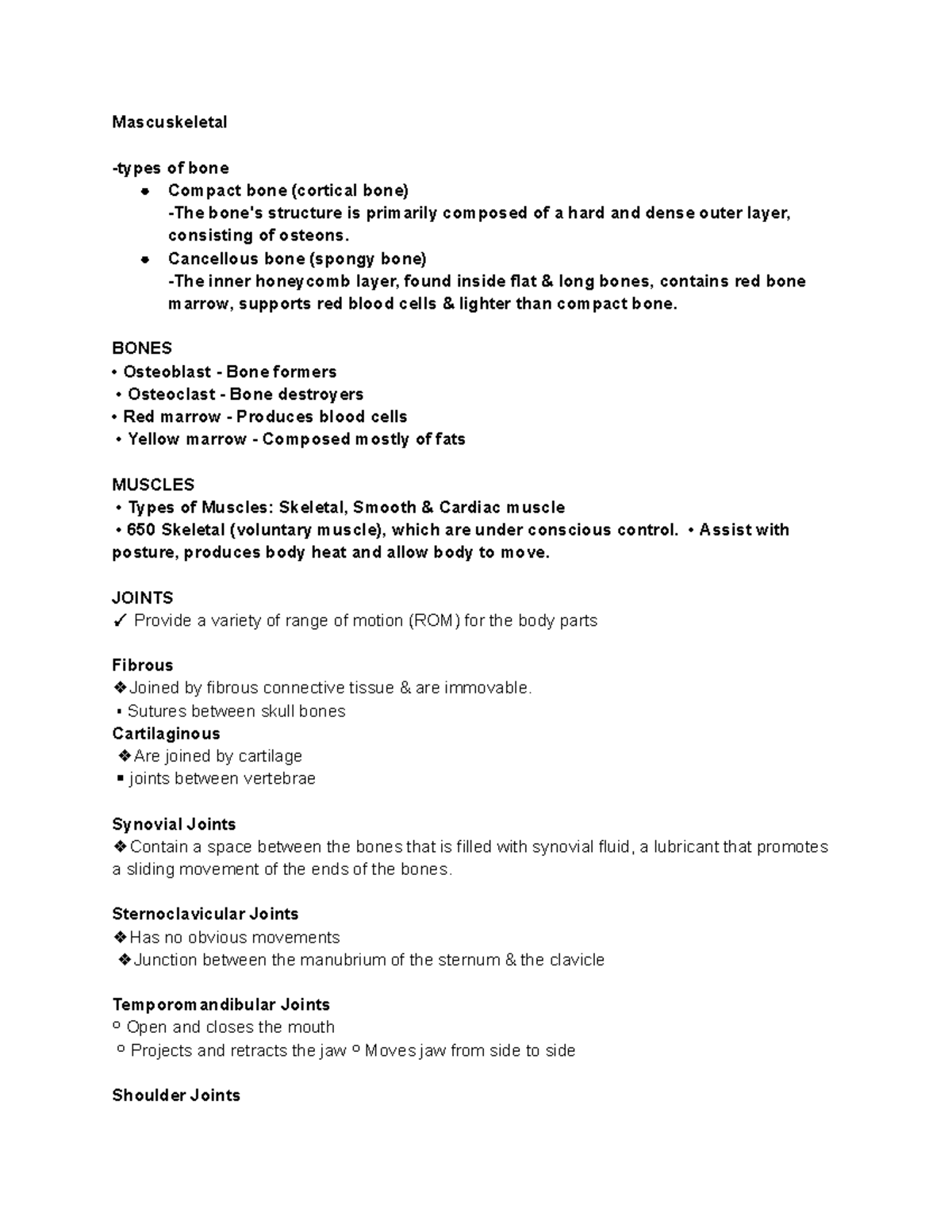 Review Notes on Musculoskeletal System: Bones, Muscles, and Joints ...