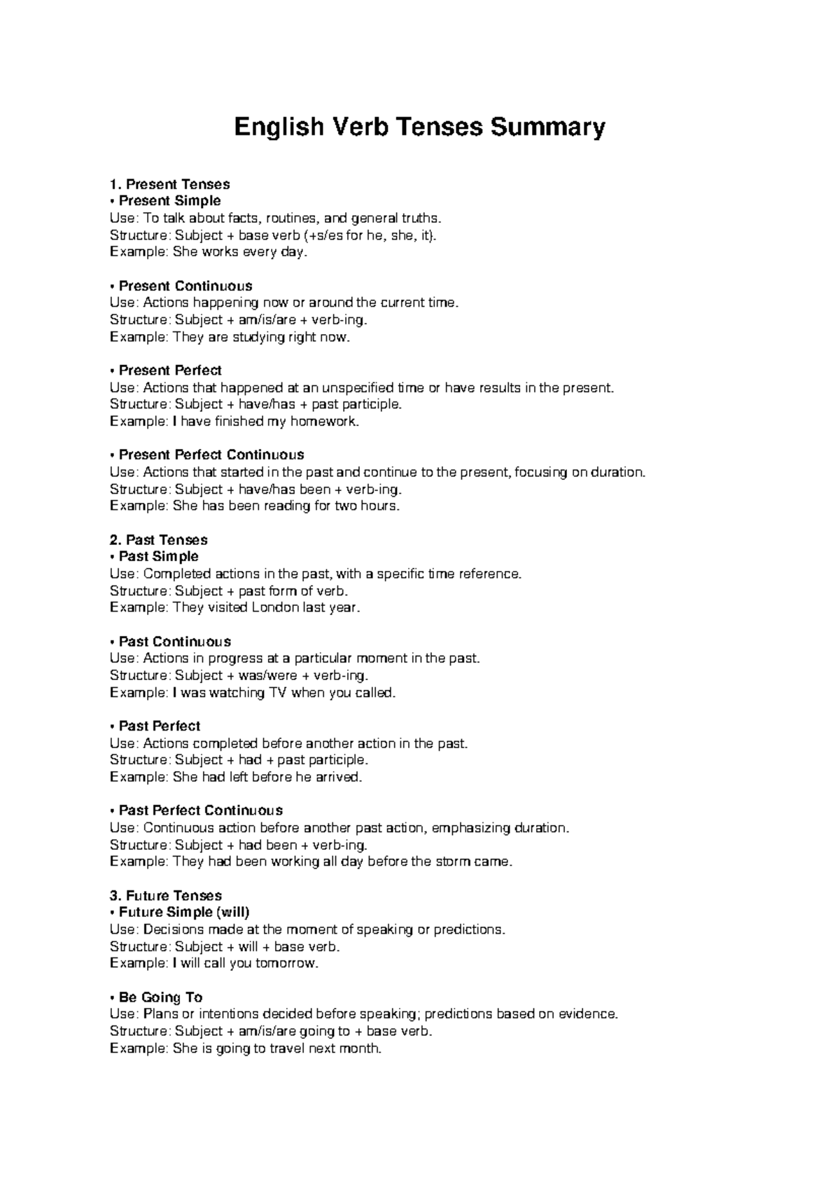 ENG 101: Summary of English Verb Tenses - Studocu