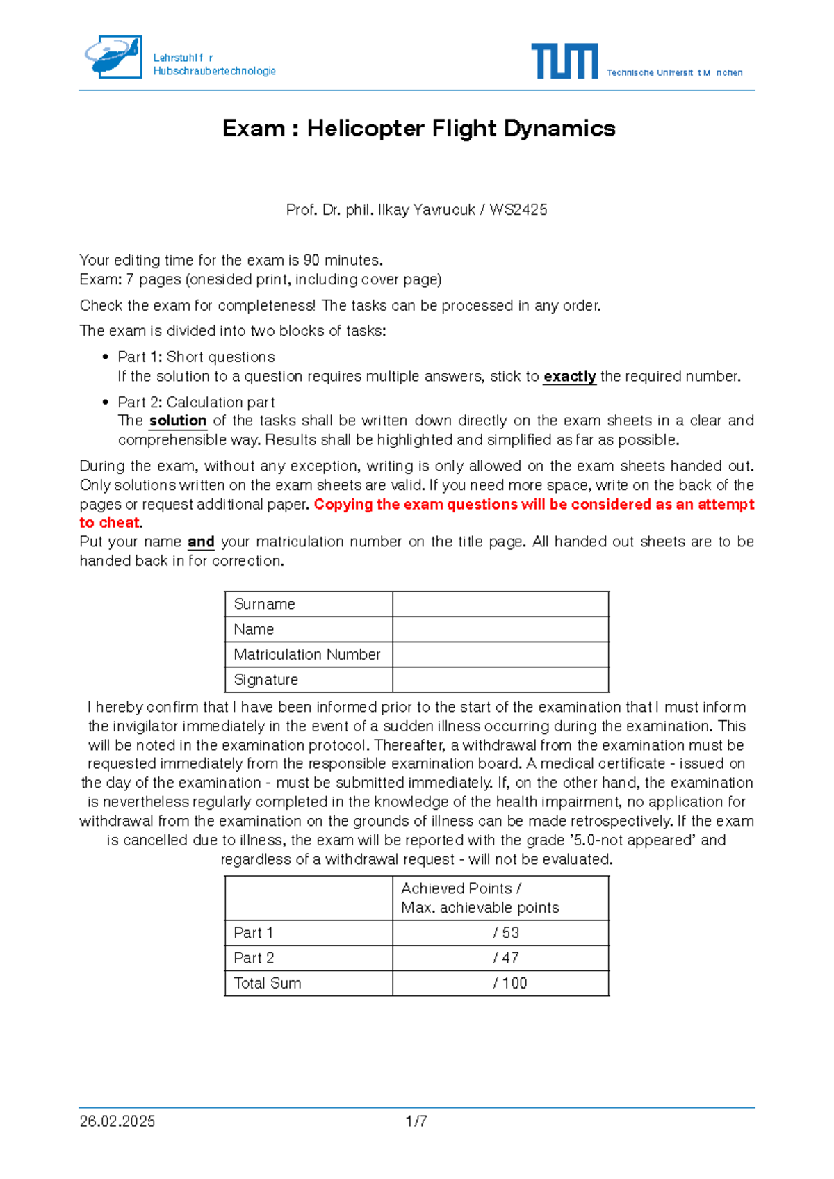 Helicopter Flight Dynamics Exam Sample Test (Hubschraubertechnologie ...