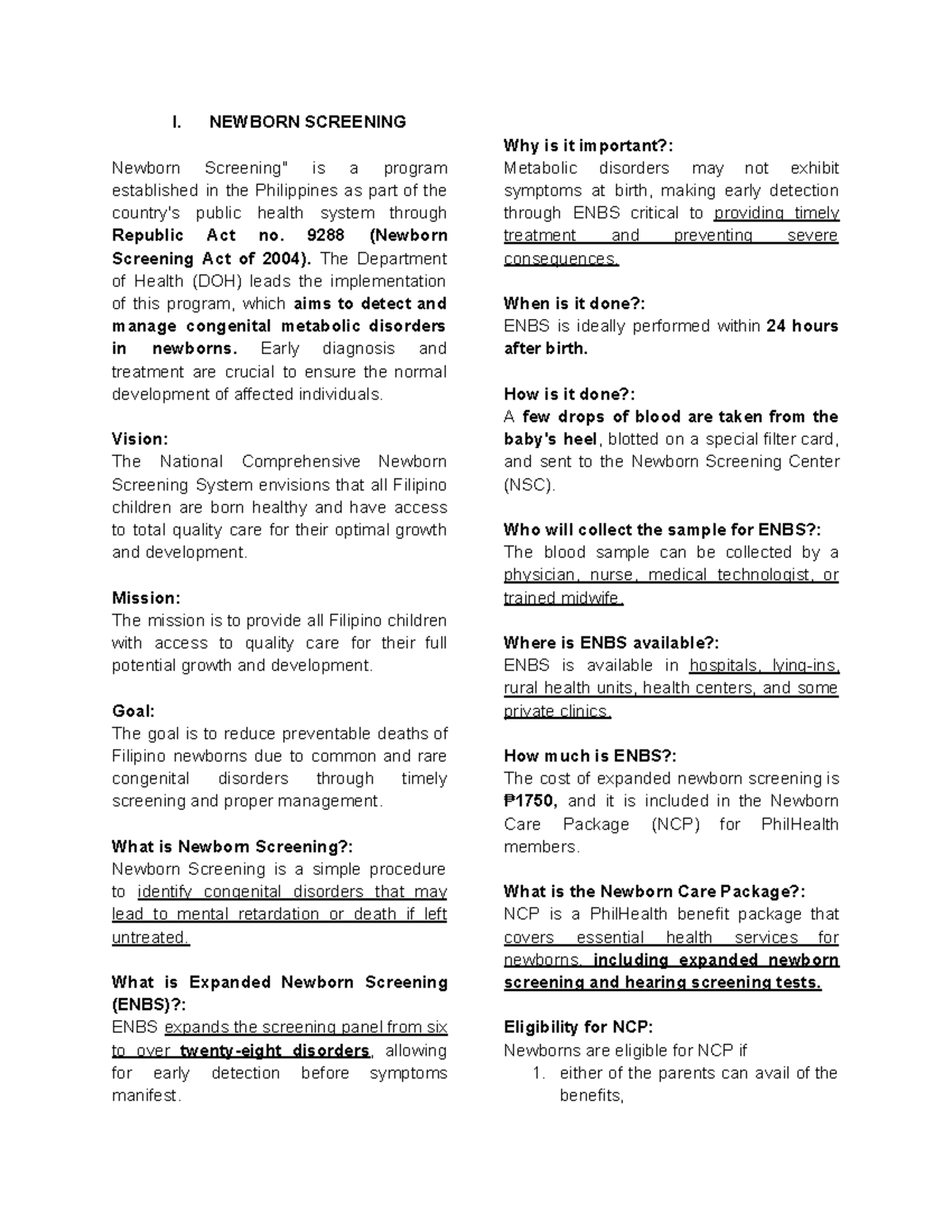 Newborn Screening in the Philippines: A Comprehensive Overview - Studocu