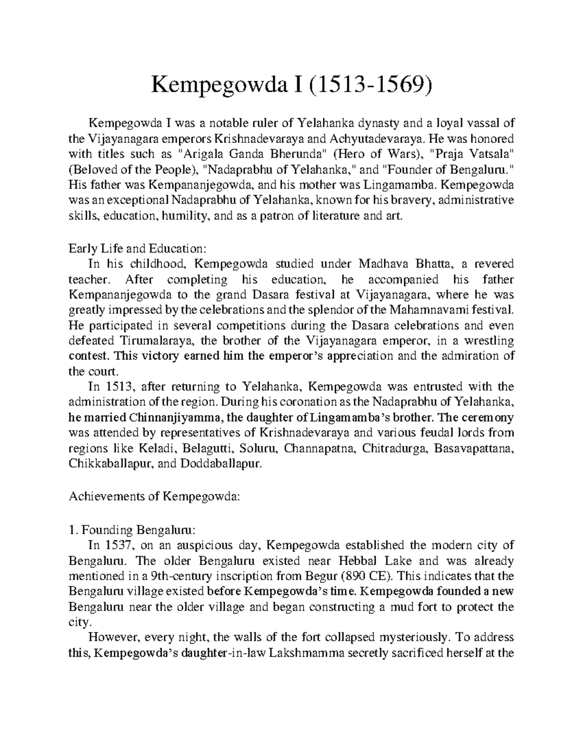 Kempegowda I: Founder of Bengaluru and His Legacy (History Notes) - Studocu