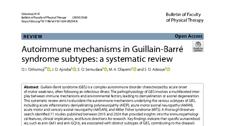 Systematic Review of Autoimmune Mechanisms in GBS Subtypes (S43161 024 ...
