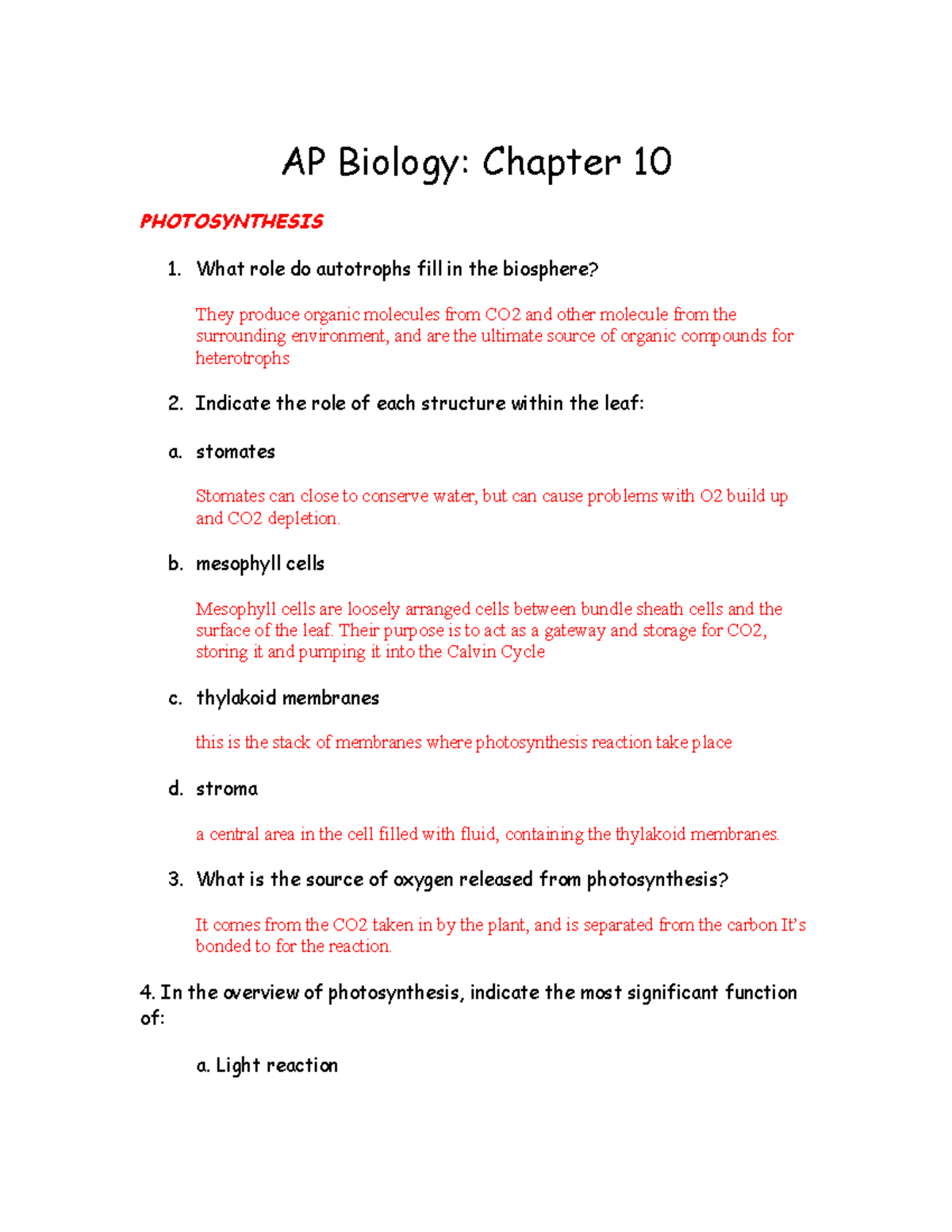 Chapter 10 Study Guide- Photosynthesis - AP Biology: Chapter 10 ...