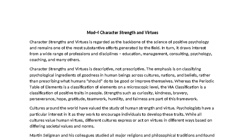 Mod-4 Character Strengths and Virtues in Positive Psychology - Studocu