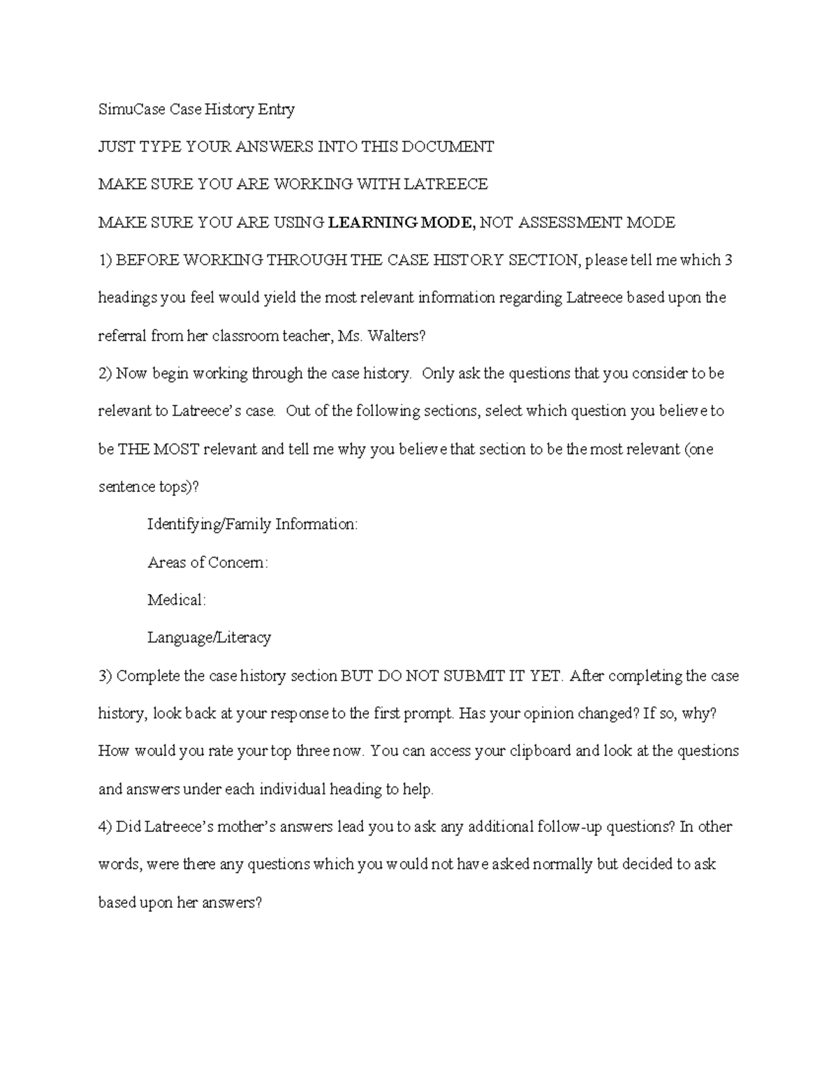 Case History Prompts - Given in class by teacher - SimuCase Case ...