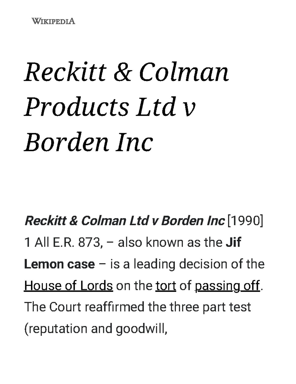 Reckitt & Colman Ltd v Borden Inc: The Jif Lemon Case Explained - Studocu