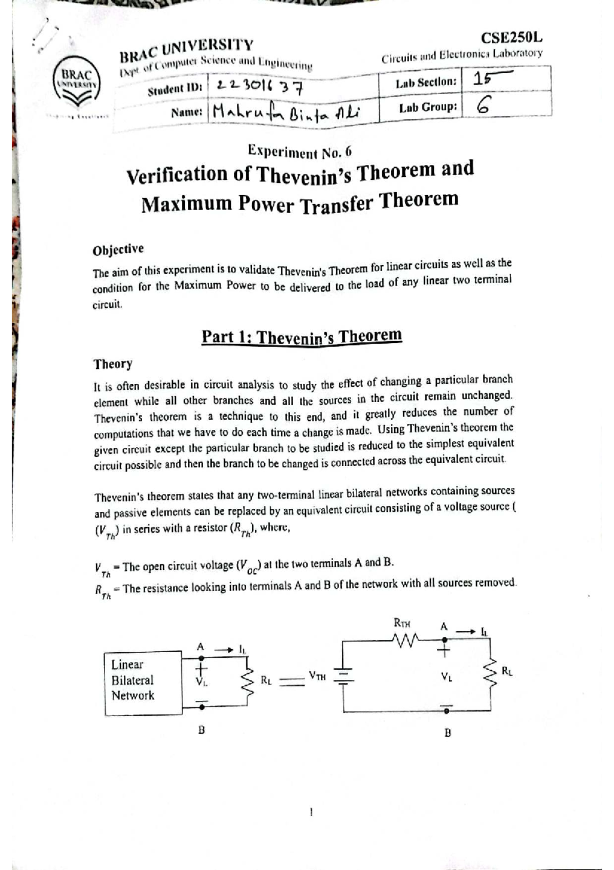 CSE250L Lab 6: Verification of Theorem & Maximum Power Transfer - Studocu