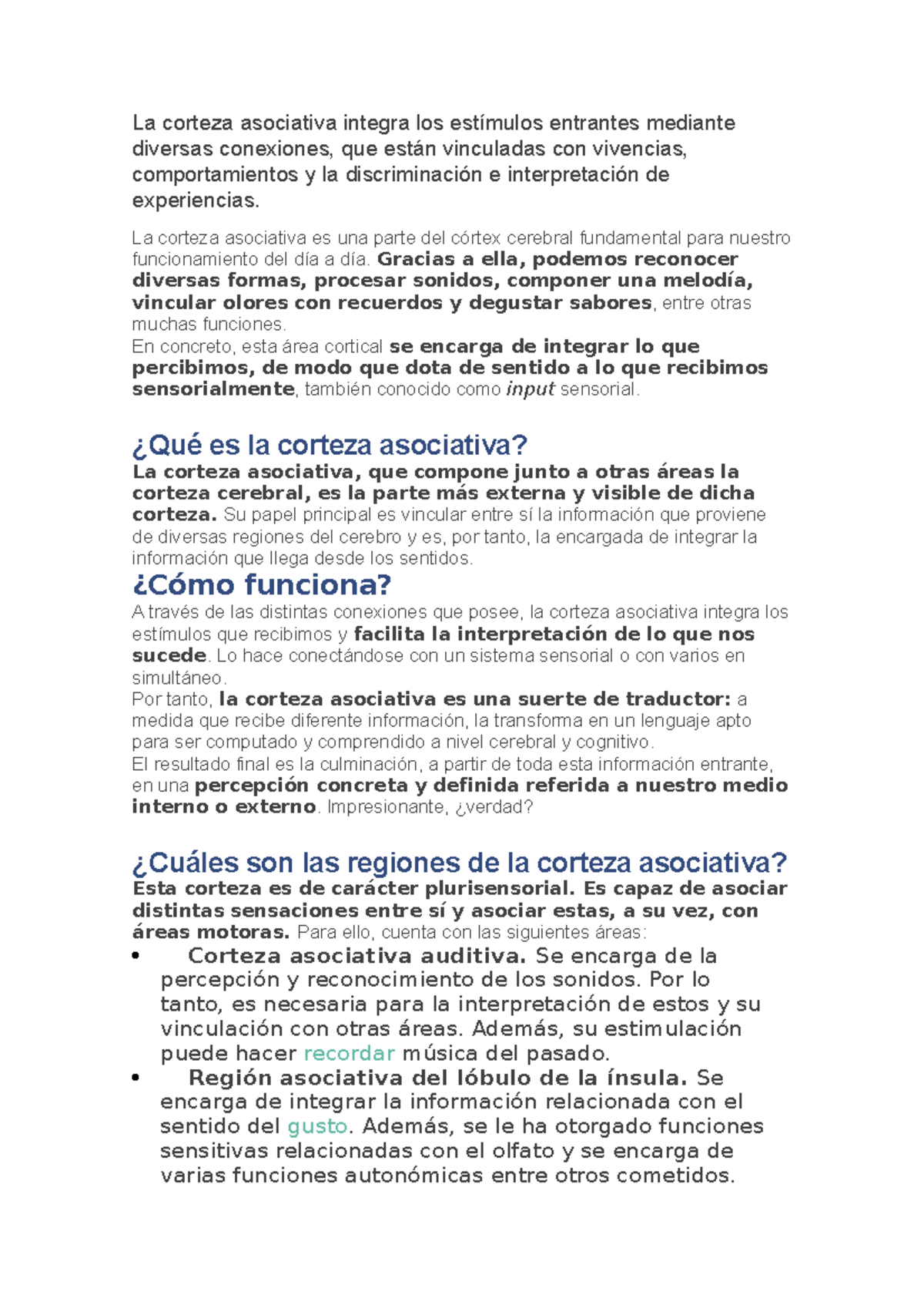 Areas DE Asociacion - MATERIAL DDE APOYO - La corteza asociativa ...