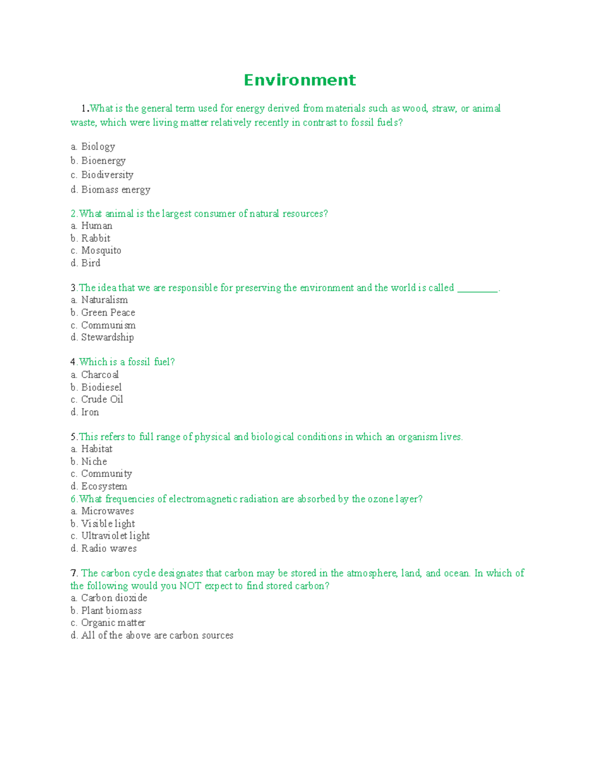 Environment Worksheet: Key Concepts and Quiz Questions - Studocu