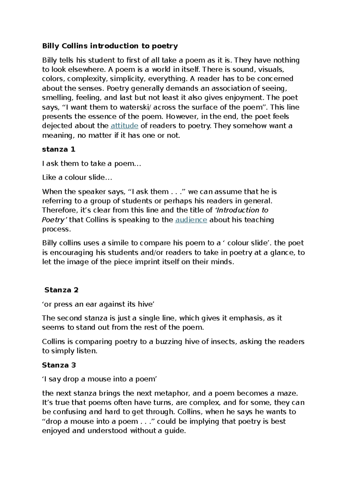 Billy Collins - Introduction to Poetry Analysis and Insights - Studocu