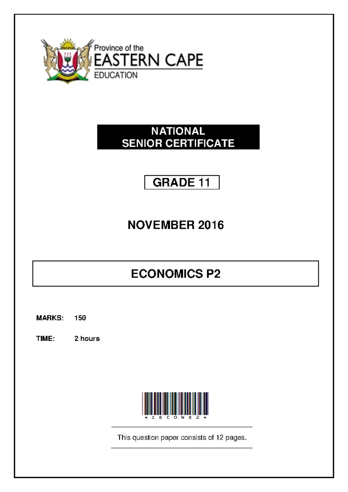 Economics GR 11 Paper 2 Demo MARKS 150 TIME 2 Hours This Question