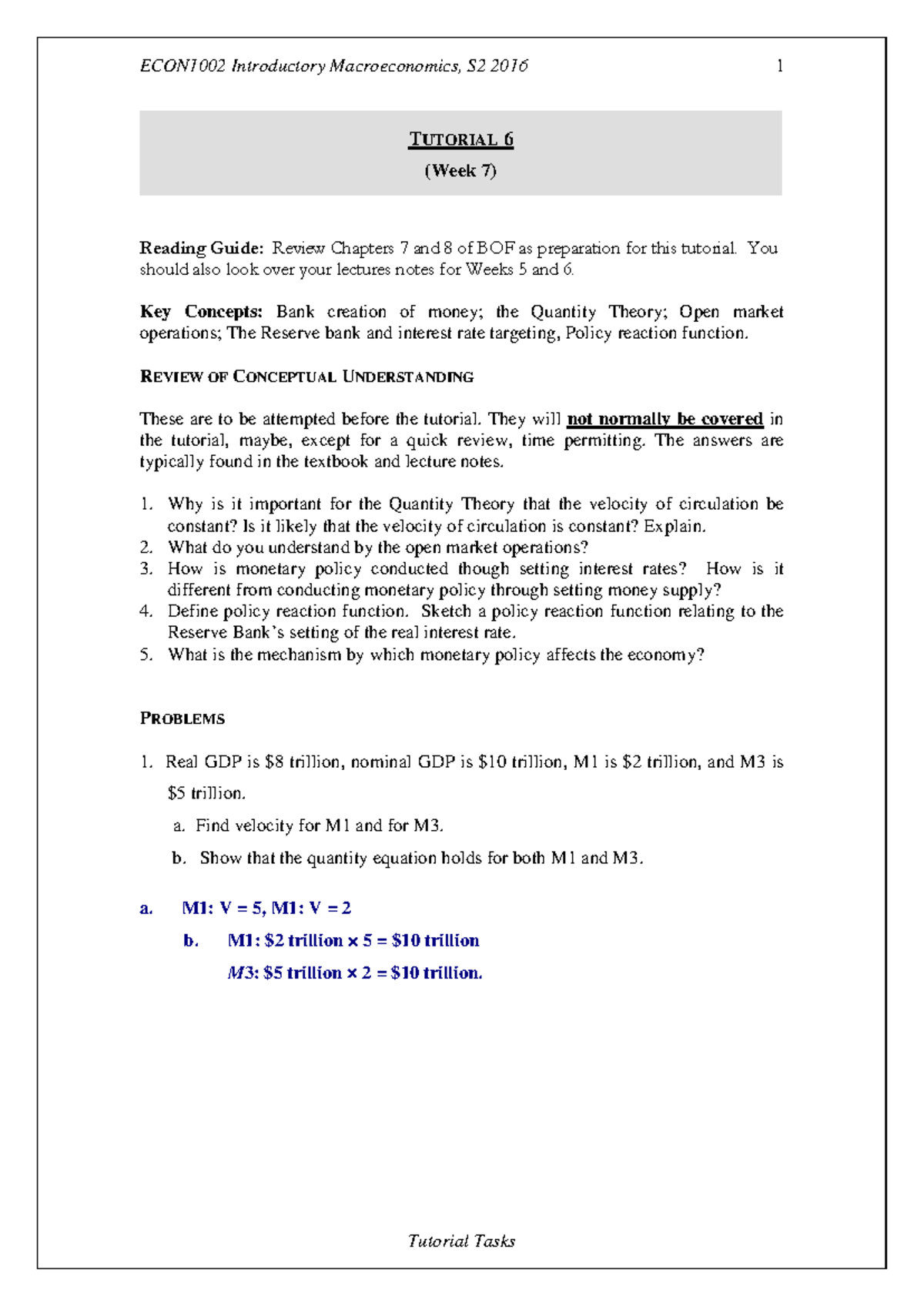 Tutorial 06 Answers - tut q&a - ECON1002 Introductory Macroeconomics ...