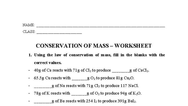 Conservation of Mass Worksheet (Chem 101) with Answers - Studocu