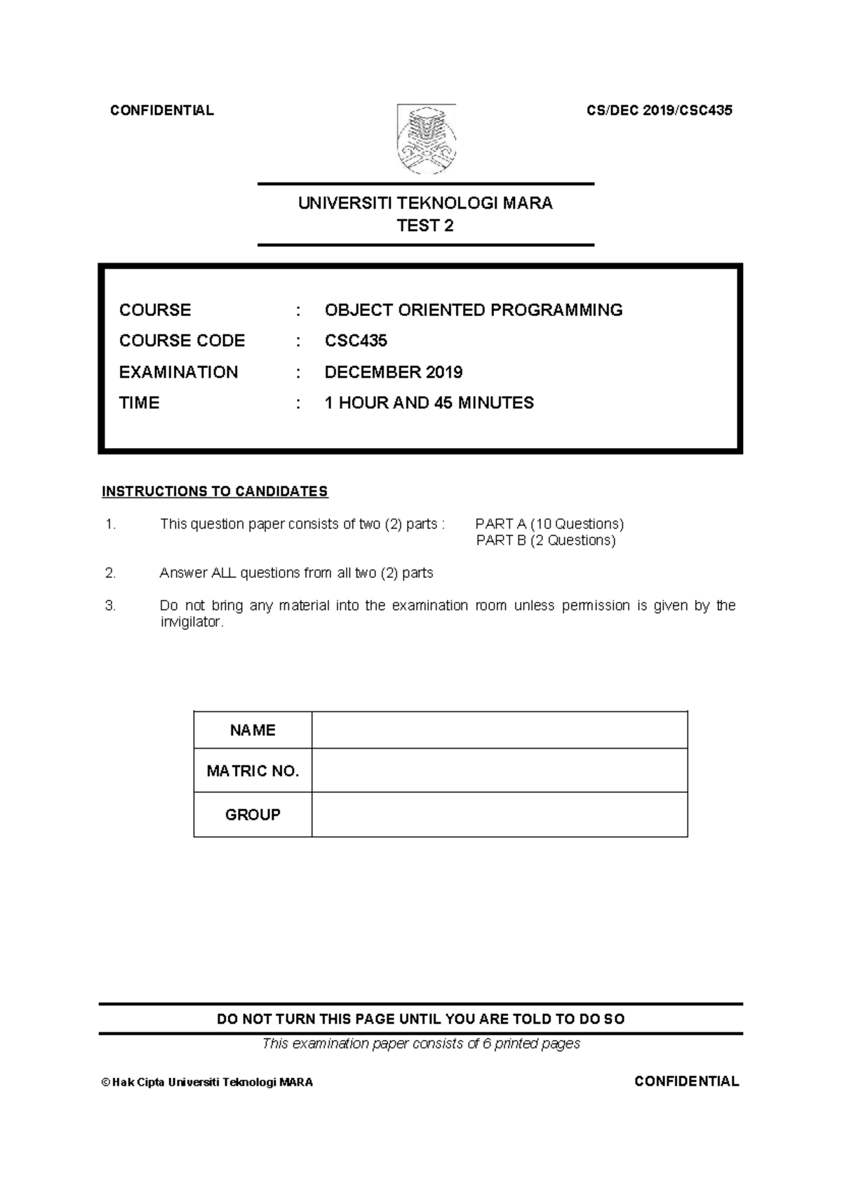 Test 2 CSC435: Object Oriented Programming Exam December 2019 - Studocu