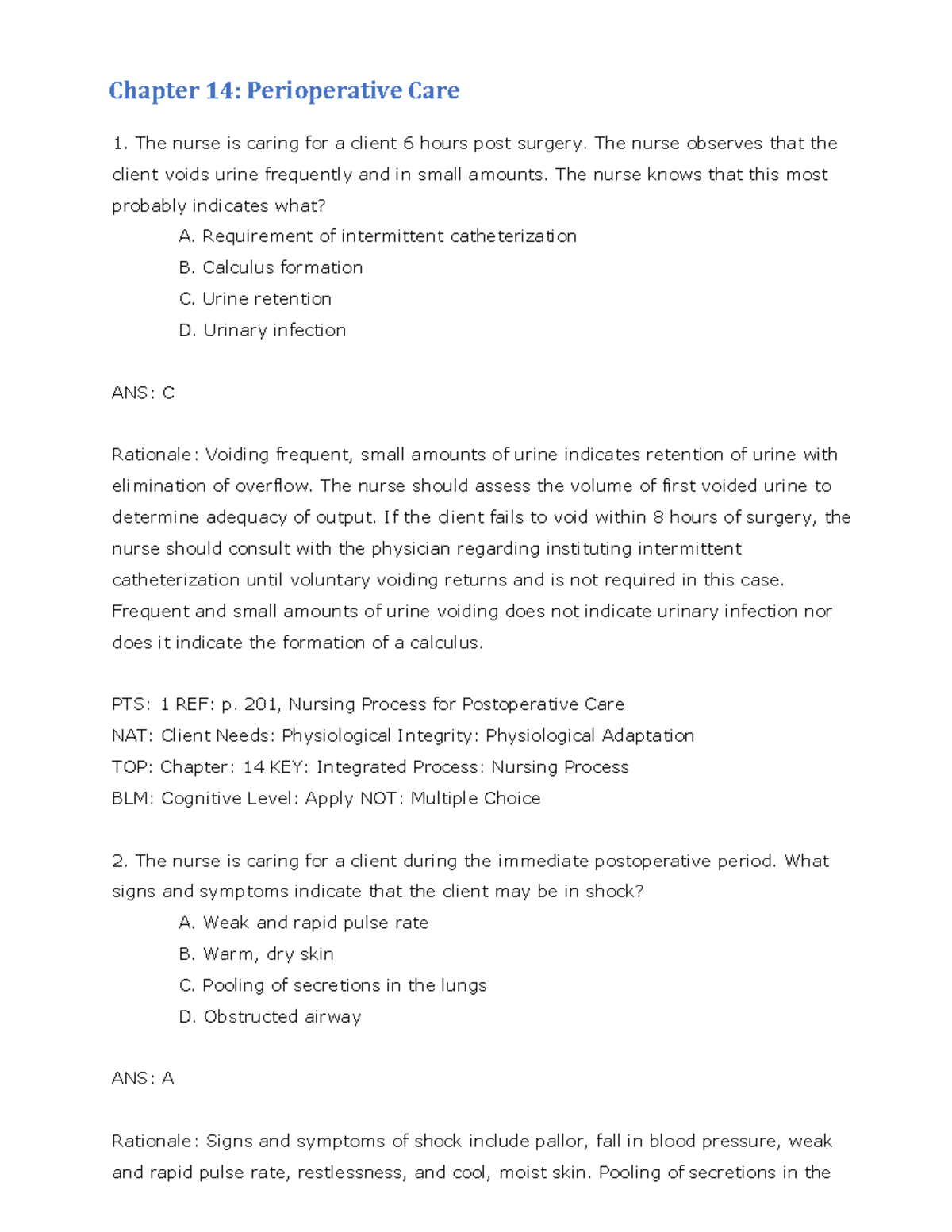 TG Chapter 14: Perioperative Care - Test Bank Questions and Answers ...