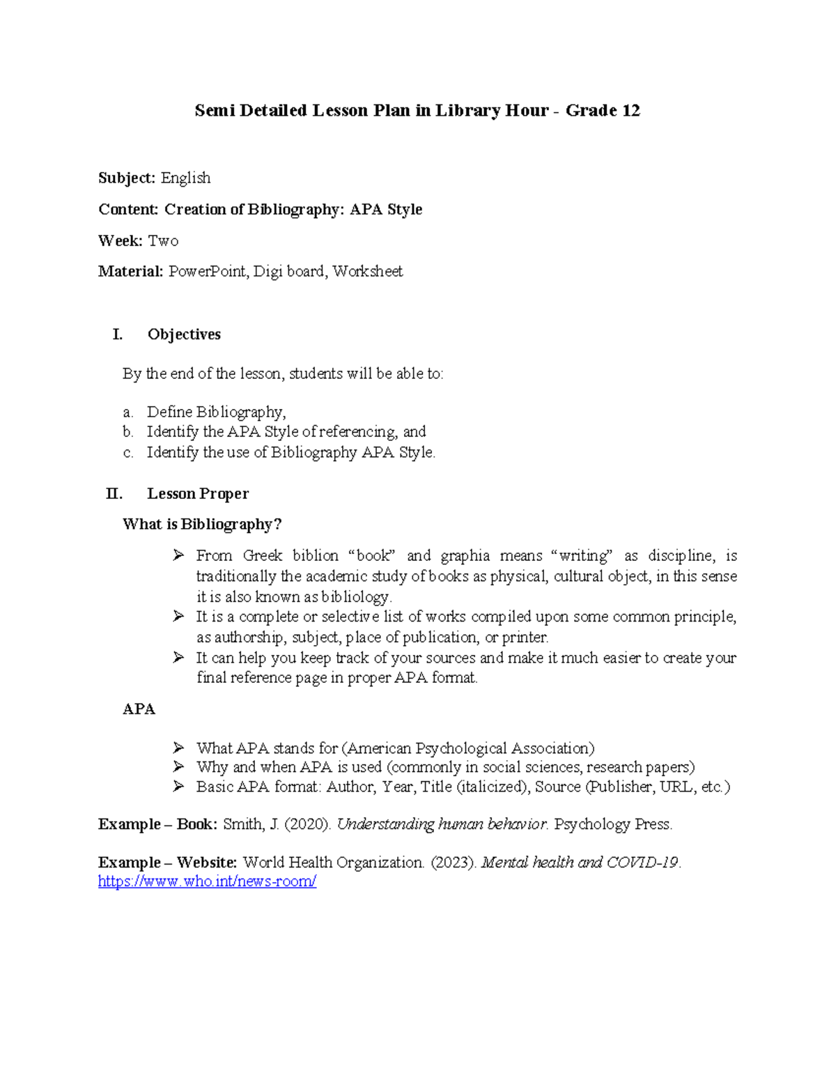 Grade 12 English Lesson Plan: Bibliography Creation (Week 2) - Studocu