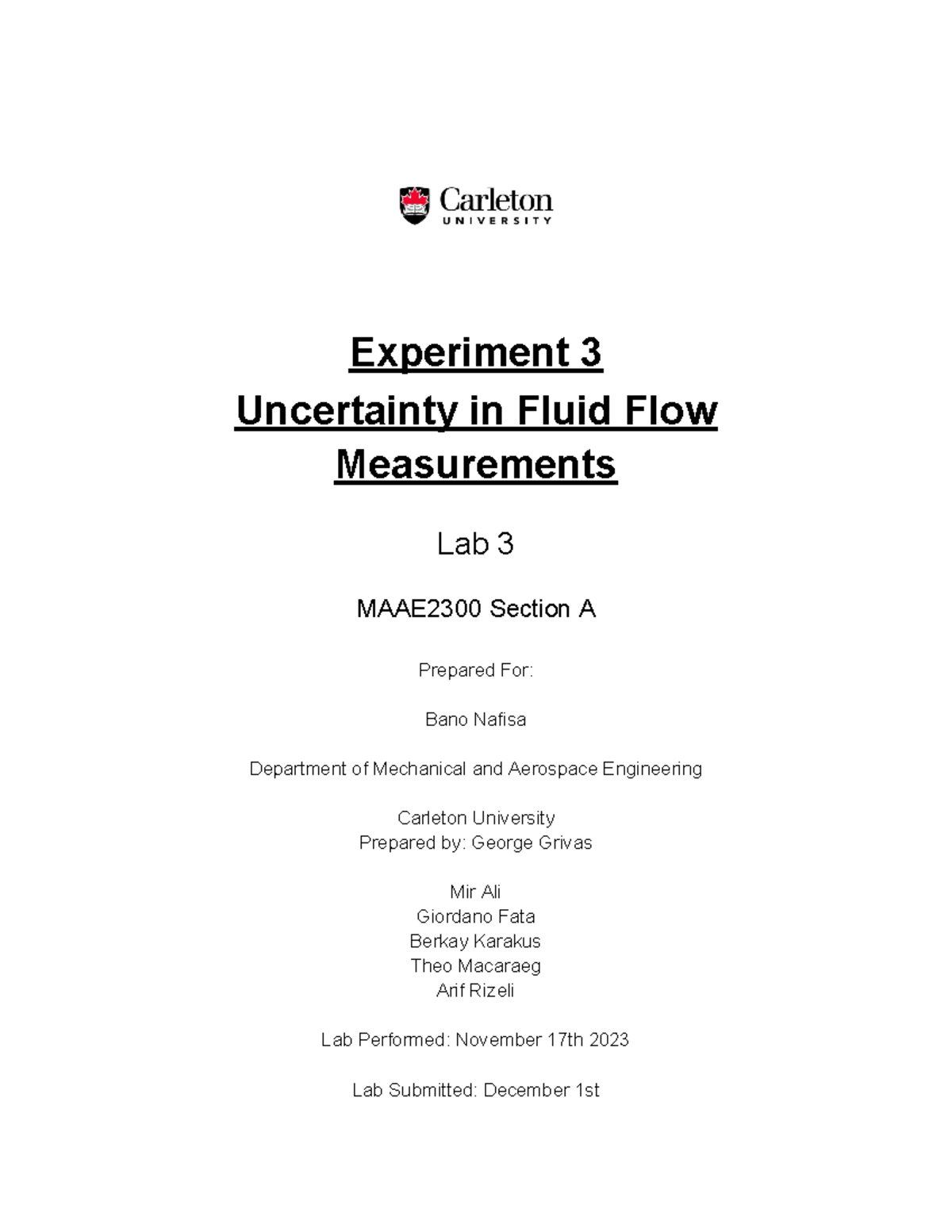 Uncertainty in Fluid Flow Laboratory Report - MAAE2300 Section A - Studocu