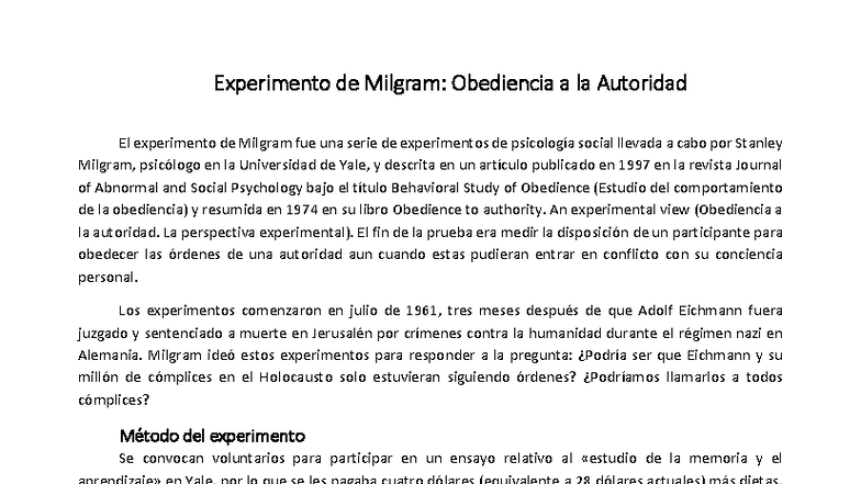 Estudio del Experimento de Milgram: Obediencia a la Autoridad - Studocu