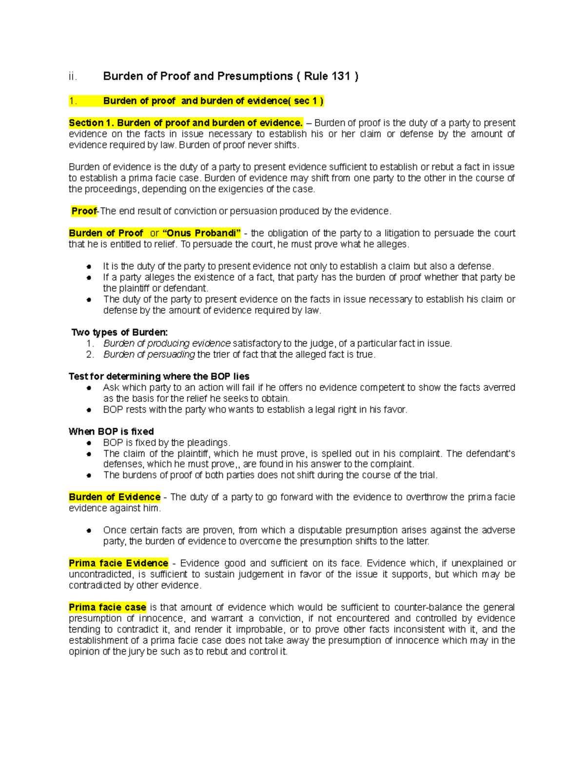 Burden of Proof and Presumptions ( Rule 131 ) - ii. Burden of Proof and ...