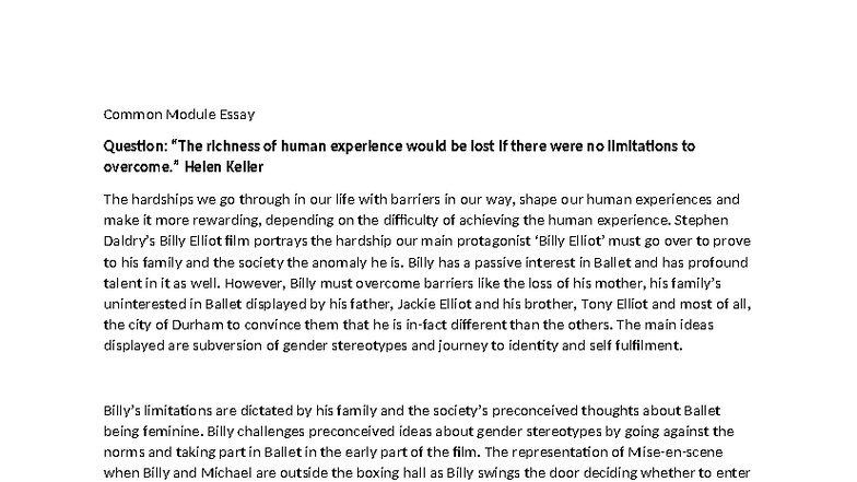 Common Module Essay: Overcoming Limitations in Billy Elliot - Studocu