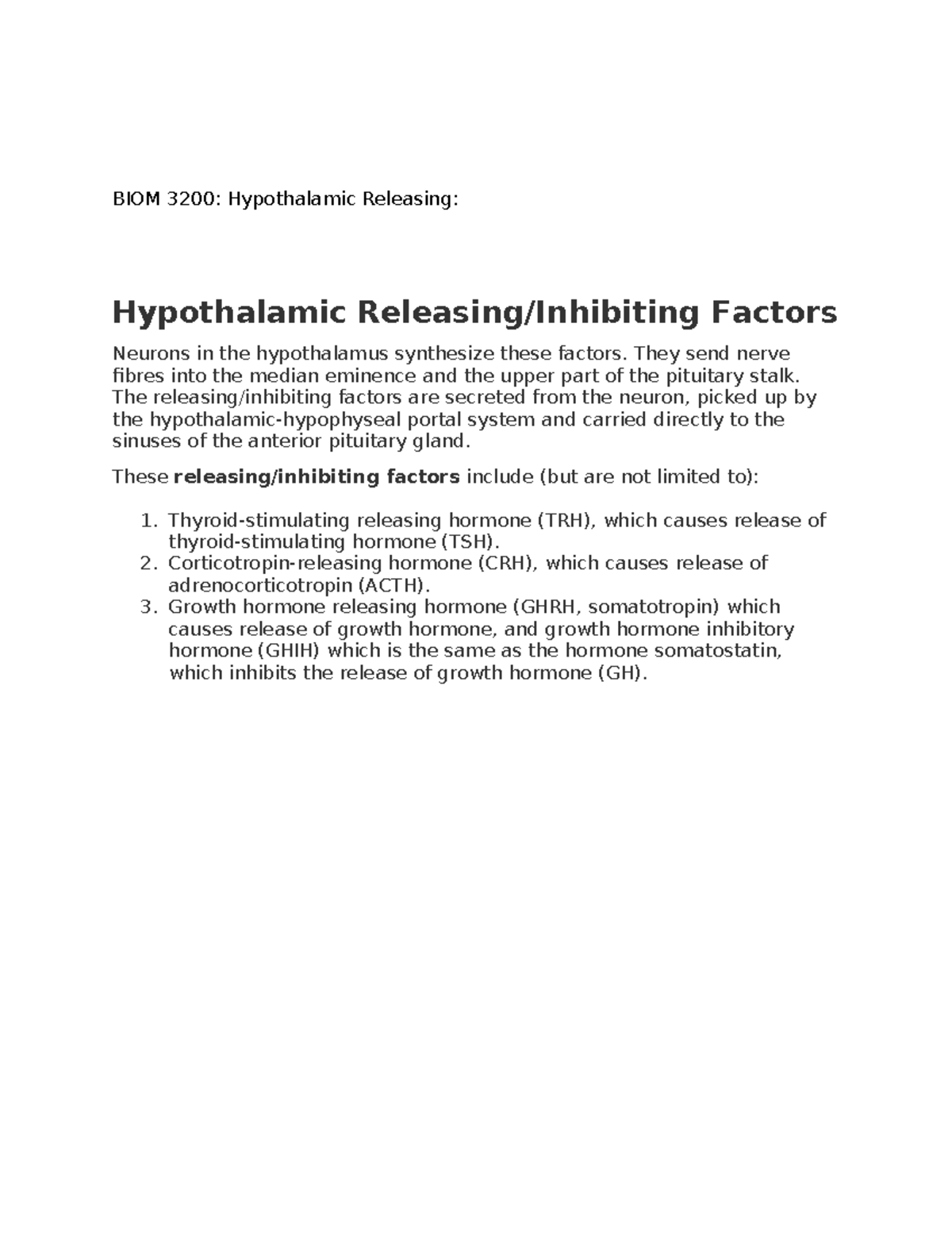 BIOM 3200: Hypothalamic Releasing Factors - Lecture Notes - Studocu