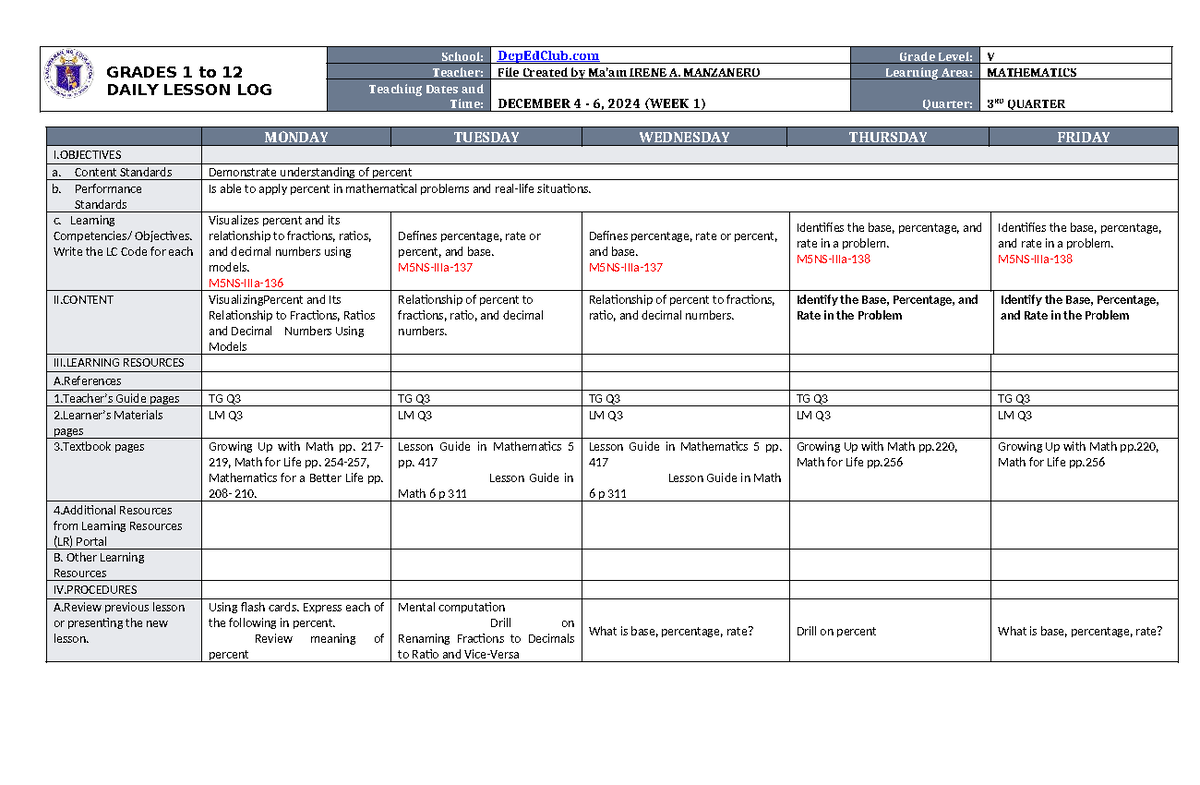 DLL Mathematics 5 Q3 W1 - daily lesson log for grade five third quarter ...
