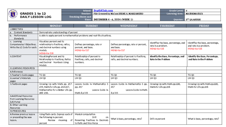 DLL Mathematics 5 Q3 W1 - Daily Lesson Log for Grade 5 Percent Concepts ...