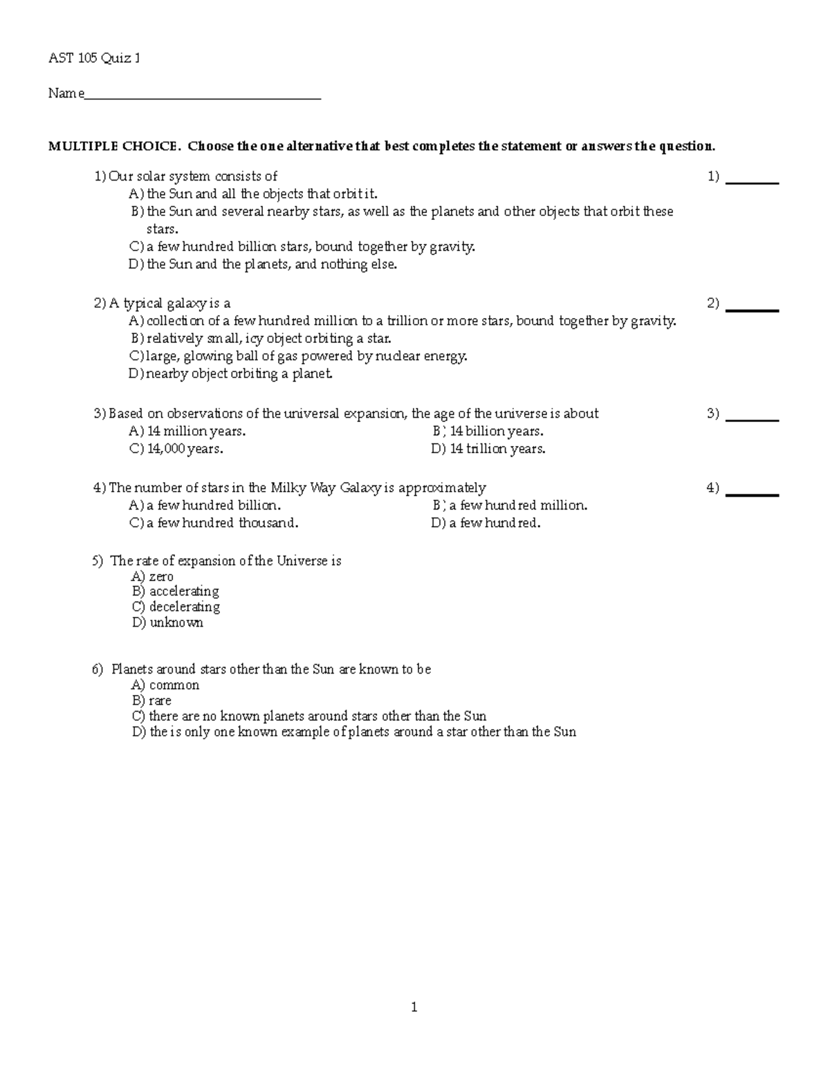AST 105 Quiz 5 Answers - Multiple Choice 2013 - Studocu