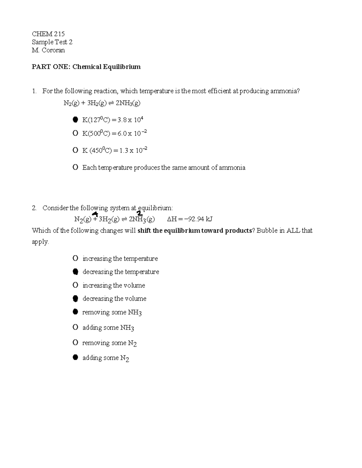 Sample Test 2 Rev March 10 - CHEM 215 Sample Test 2 M. Cororan PART ONE ...
