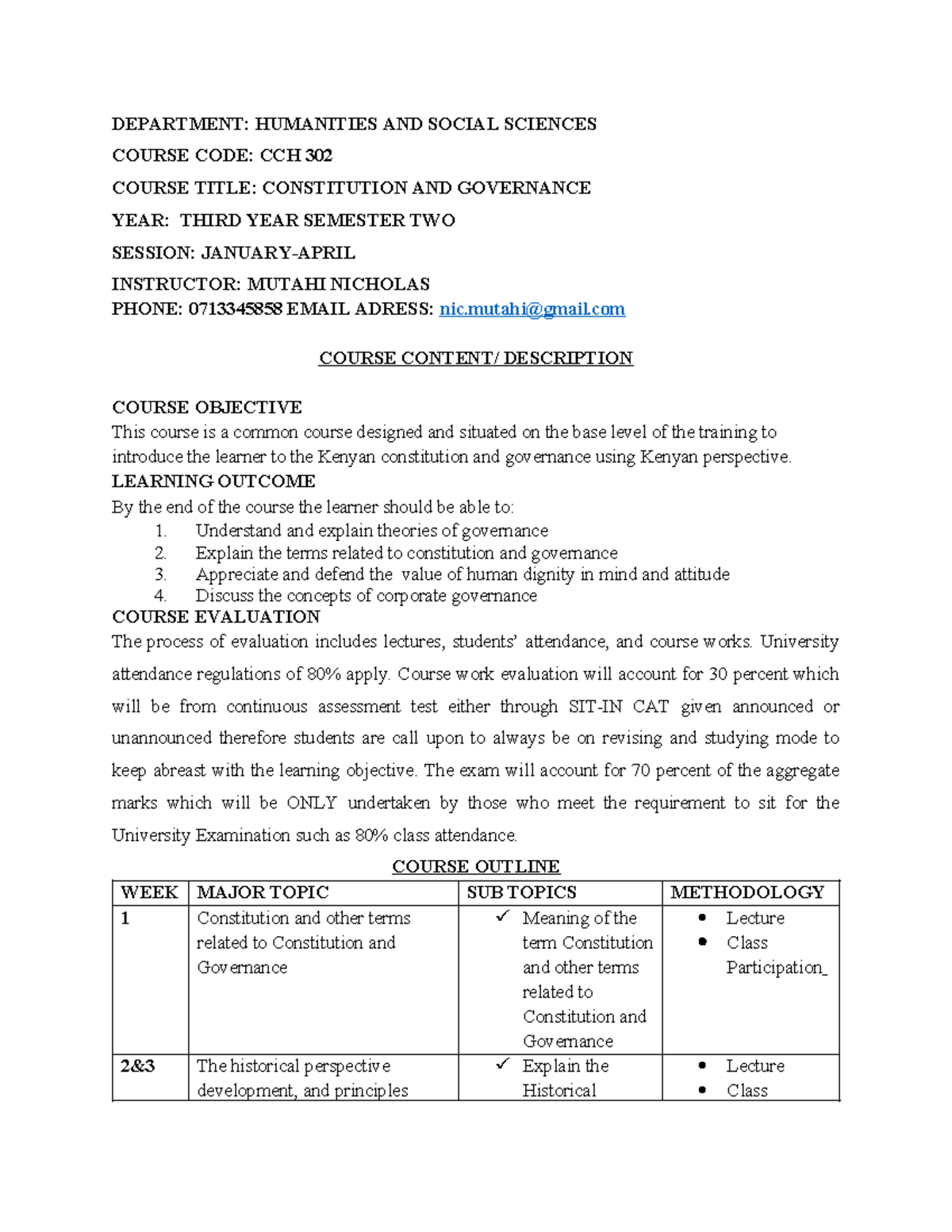 CCH 302 Course Outline: Constitution and Governance Overview - Studocu
